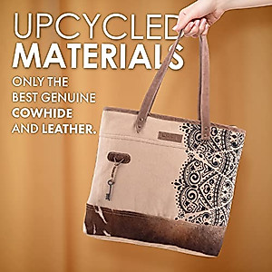 SIXTEASE Tote Bags for Women Large Tote Bag with Zipper Top - Genuine Leather Strap, Upcycled Canvas, Rug, Hair On and Hardware Accents - Vintage Style Hand Stitched - Emblem