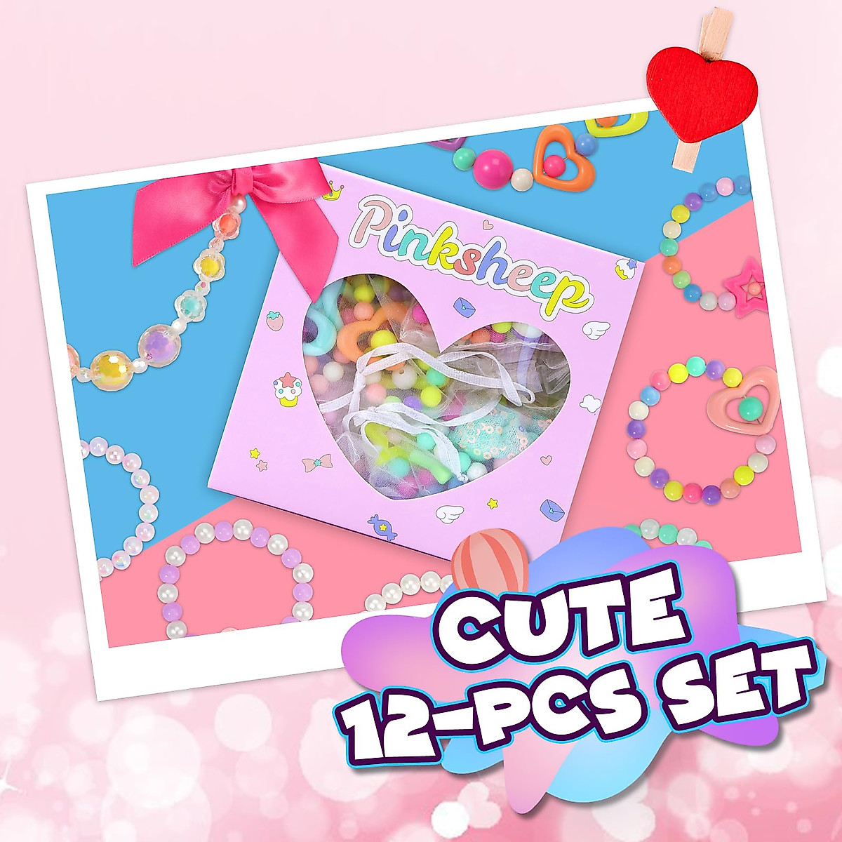 PinkSheep Kids Classic Jewelry, 6 Sets of Beaded Necklaces and Bracelets for Girls, Favors Bags for Girls Jewelry (Classic)