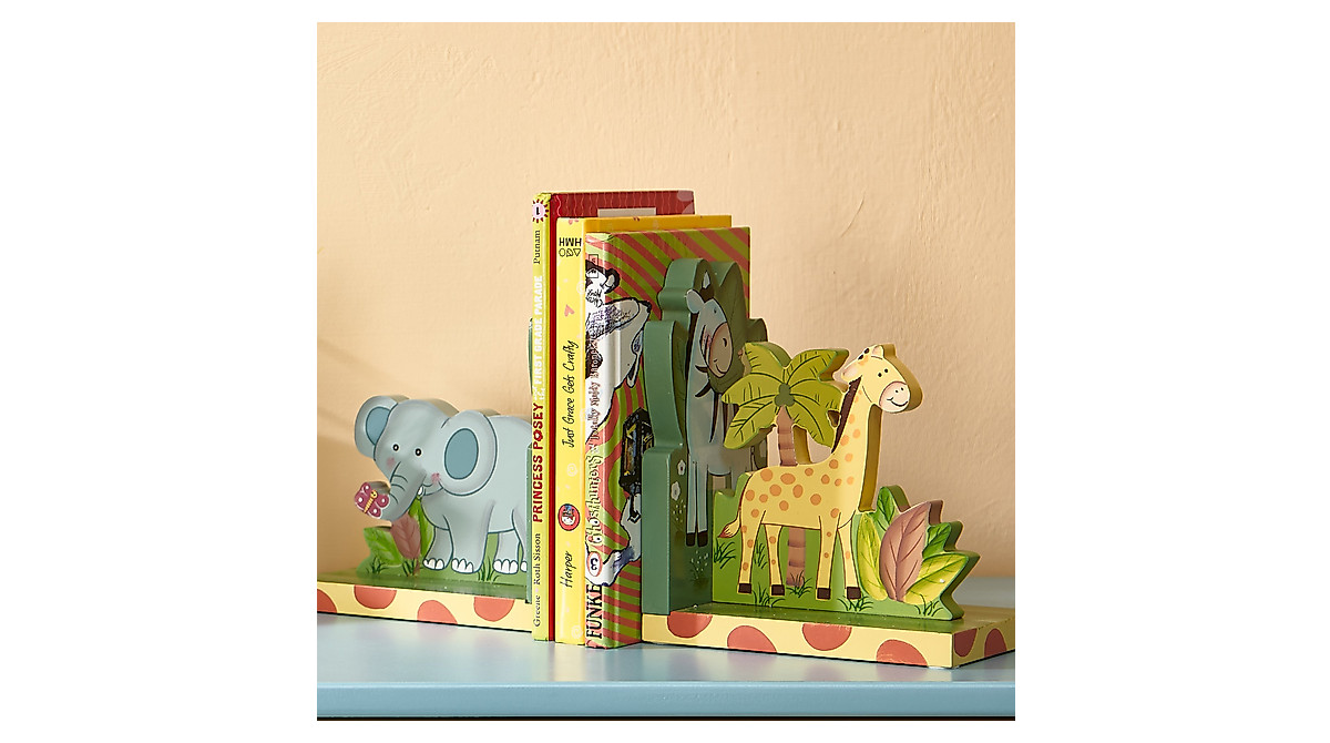 Sunny Safari Wooden Bookends for Kids - Giraffe & Elephant Decor