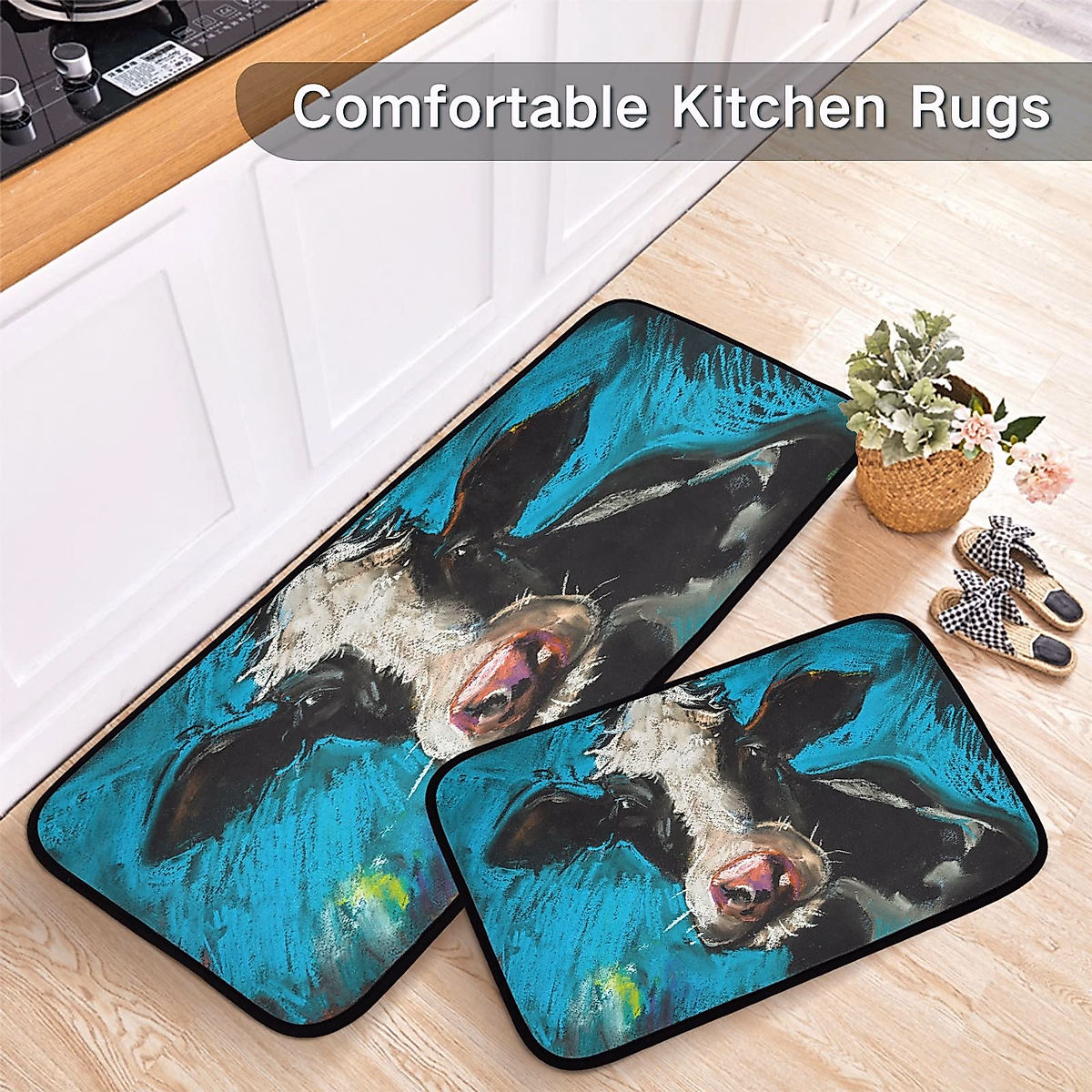 Kitchen Rugs and Mats 2 Pieces Farm Dairy Cow Blue Anti Fatigue Kitchen Rug Set Non Slip Bath Mat Entry Floor Carpet Entrance Door Mat Runner 20"x28"+20"x47" 20"x28"+20"x47"
