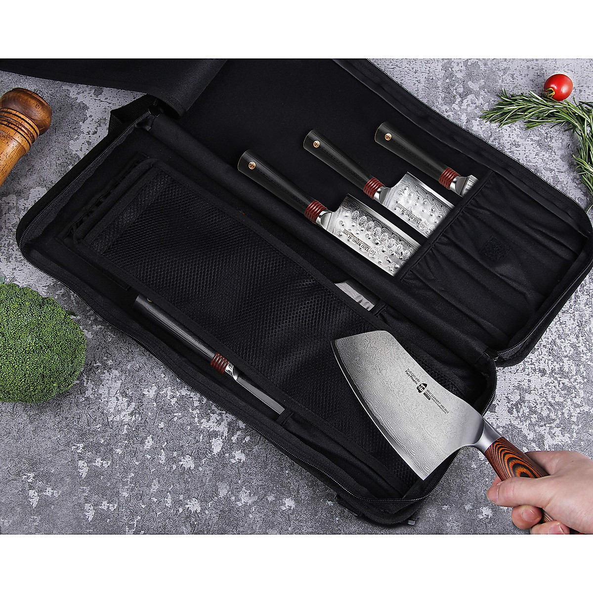 TUO Knife Bag for Chef, Padded Knife Roll, Knife Case, Durable Knife Carrier, Canvas Knife Holder for Kitchen Tools, Utensil Pockets with Shoulder Strap & Handle, which with 12 slots and Zipped Pouch