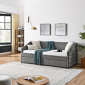 Flieks Twin Size Upholstered Daybed with Two Drawers, Linen Fabric Upholstered Sofa Bed, Wheeled Storage Daybed with Wood Frame, No Box Spring Needed, Gray