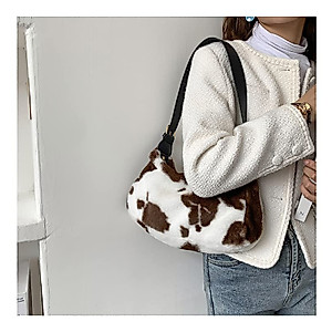 Women Fluffy Faux Fur Cow Print Shoulder Bag Clutch Purse Underarm Handbag Satchel Zipper Tote Bag Purse