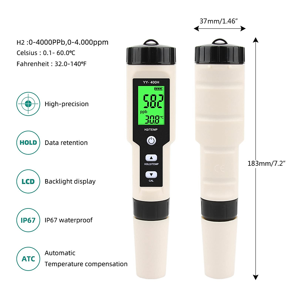 HUIFACAI Digital Hydrogen Meter Water Quality Tester with ATC Accuracy Pen Type Meter Data Hold Function LCD Displays Water Quality Tester for Drinking Water Water Quality Tester Ppm