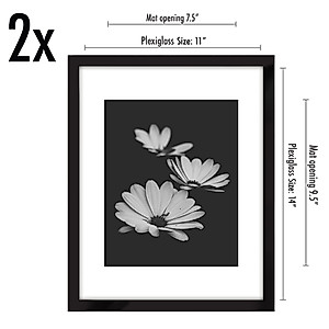 Americanflat 11x14 Picture Frame with Polished Plexiglass - Set of 2 - Use as 8x10 Frame with Mat or 11x14 Frame Without Mat - Galleria Collection - Gallery Wall Frame Set for Wall Display - Black