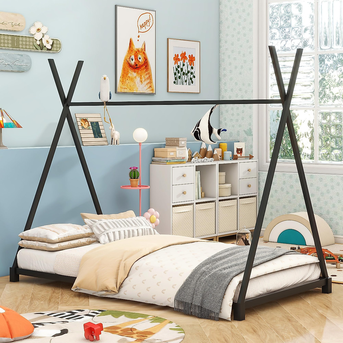 Twin Montessori Floor Bed, Metal House Bed for Kids Tent Bed Frame Floor with Slat for Girls Boys, Triangle Structure, No Box Spring Needed - Black