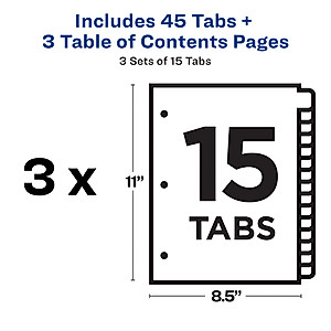 Avery 15 Tab Dividers for 3 Ring Binders, Customizable Table of Contents, Classic White Tabs, 3 Sets (11079)