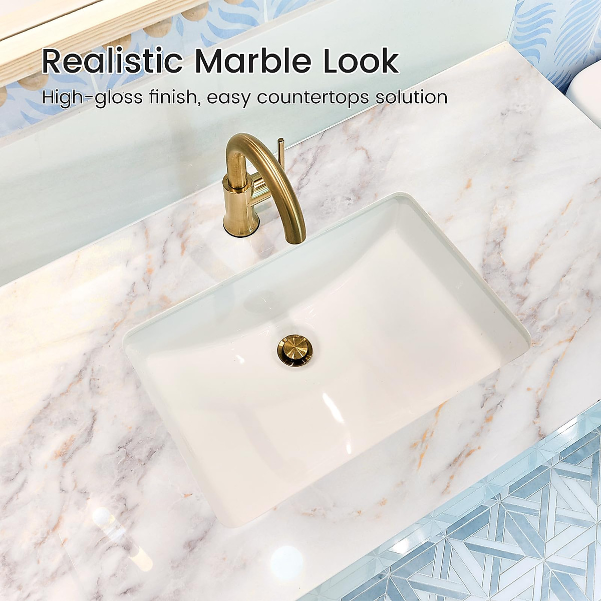 rabbitgoo Glossy Marble Contact Paper Peel and Stick Wallpaper 17.5" X 78.7" Countertop Furniture Waterpoof Self Adhesive Removable Cover for Kitchen Bathroom Cabinet Drawer Shelf Liner Vinyl Roll