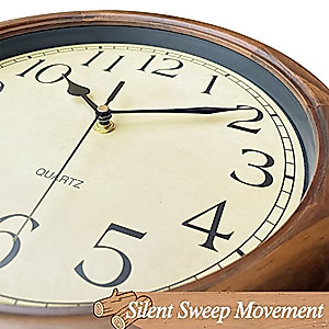 Wood Wall Clock with Retro Design, 12 Inch Round, Big Arabic Numerals, for Living Room Kitchen Classroom Gym and Pool, Brown