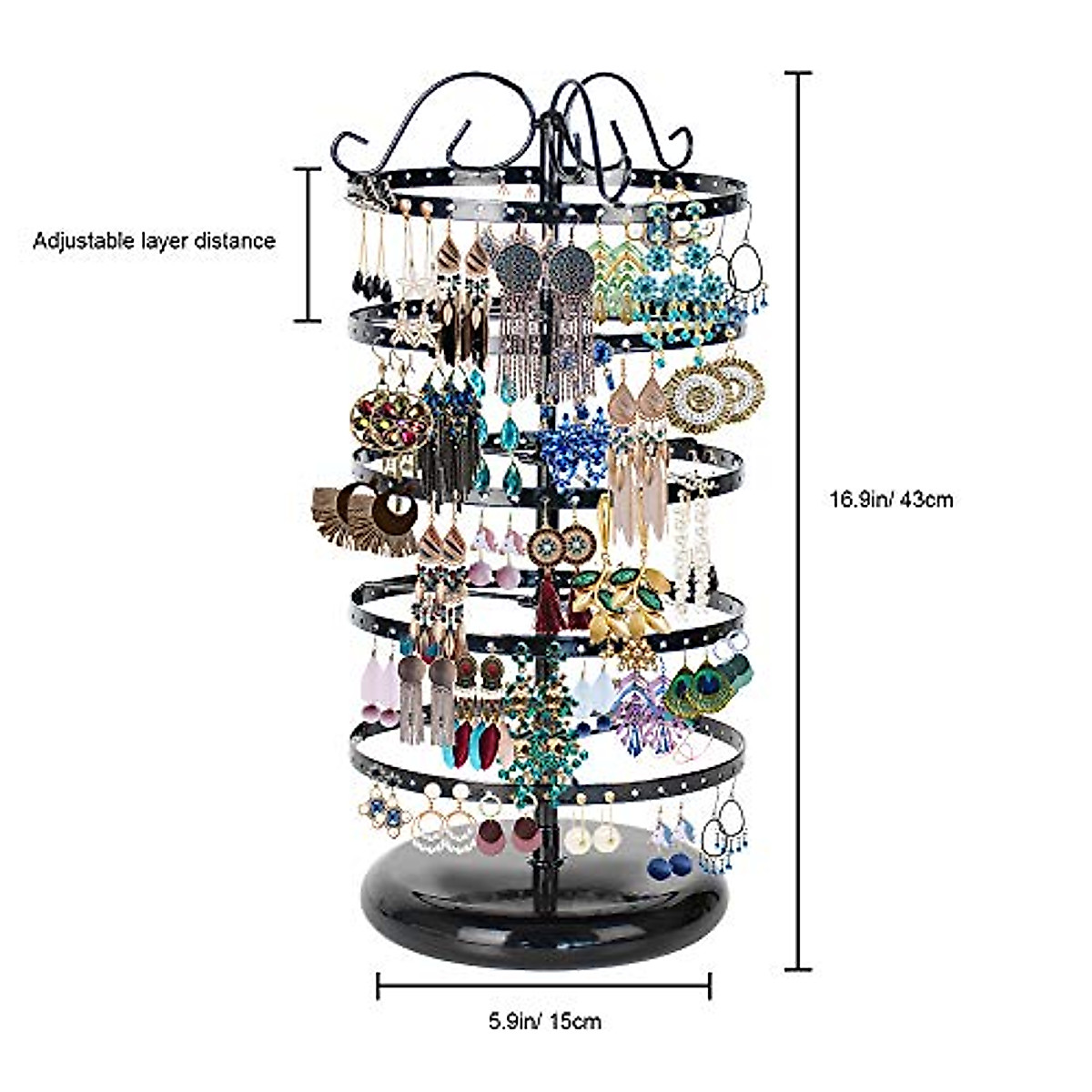 MODOWEY 5 Tiers Metal Rotating Earring Holder Organizer, Exquisite Jewelry Display Stand Necklace Rack Holder, 220 Holes for Earrings- 14x6.3 Inch (Black)