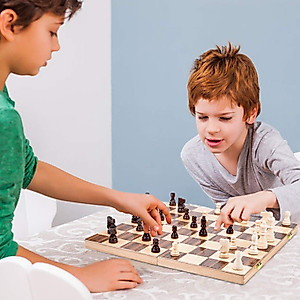 Amerous 15" x 15" Magnetic Wooden Chess Set, Folding Travel Chess Board with 2 Extra Queens / Pieces Storage Slots / Carry Bag , Handmade Large Wooden Board Game for Kids and Adults