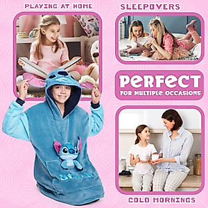 Disney Stitch Fleece Hoodie Blanket with Plush Toy for Teenagers Eeyore Angel Minnie Mouse Kids Oversized Hoodie (Blue Stitch)