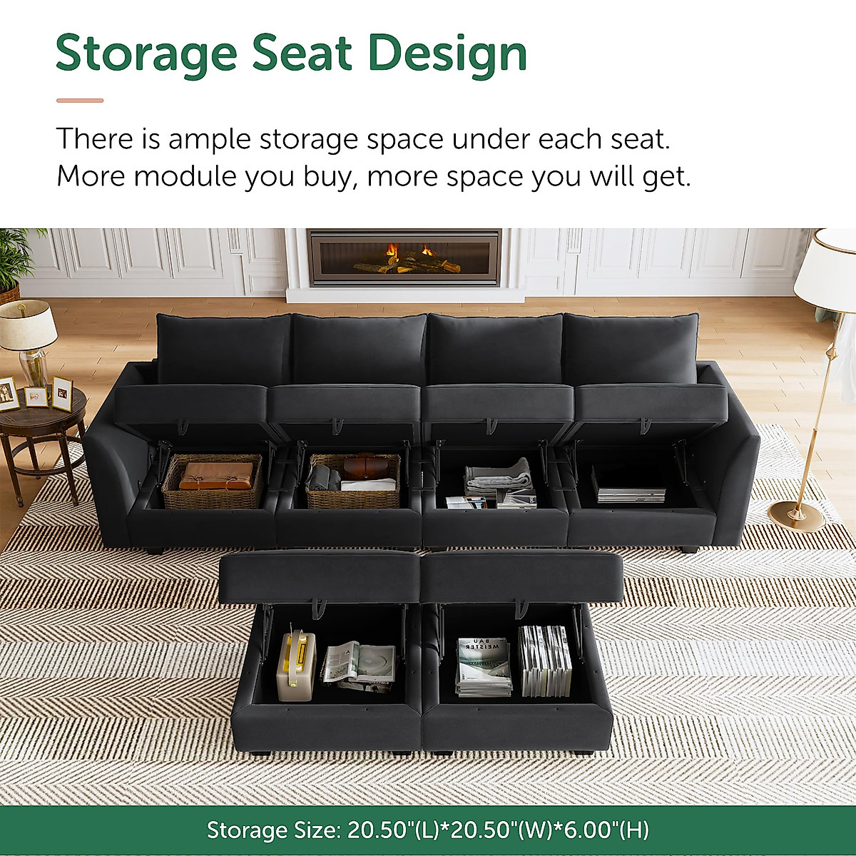 HONBAY Modular Sectional Sofa Convertible U Shaped Couch with Reversible Chaise Velvet Modular Sofa Sectional Couch with Storage Ottoman, Black