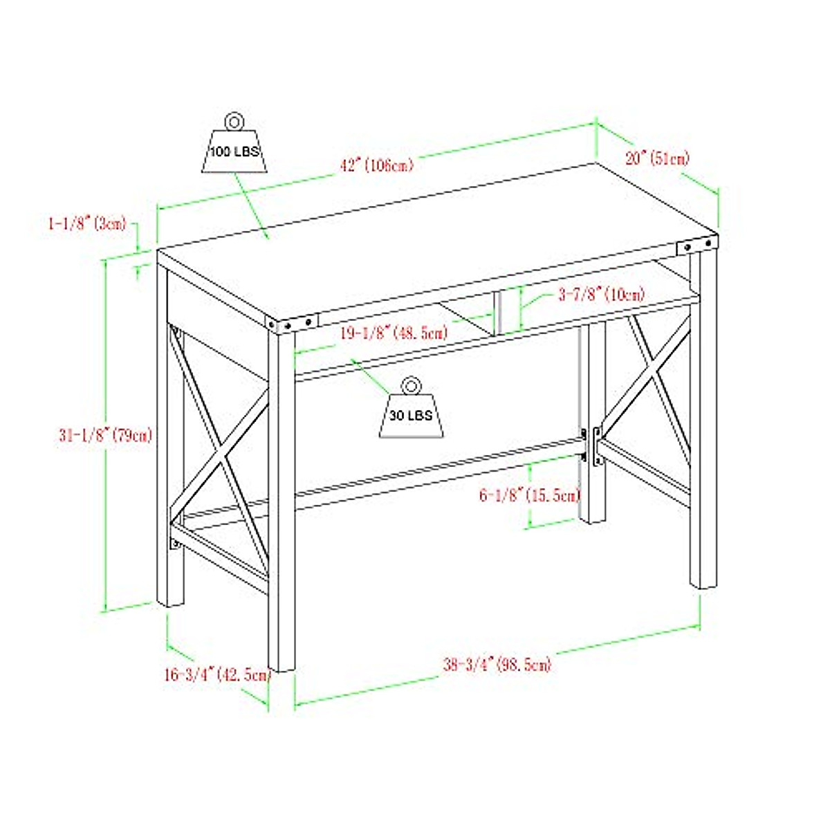Walker Edison Callum Modern Farmhouse Metal X Writing Desk, 42 Inch, Grey Wash