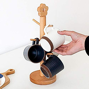 Panow Soild Wood Countertop Mug Tree, Drying Storage Rack Holder, Cups Stand with 6 Hooks, Coffee Counter Bar Accessory, Kitchen Organizer