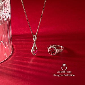 PEORA 14K White Gold 2.50 Carats Created Ruby with Genuine Diamond Pendant, Elegant Teardrop Solitaire, AAA Grade Pear Shape 10x7mm