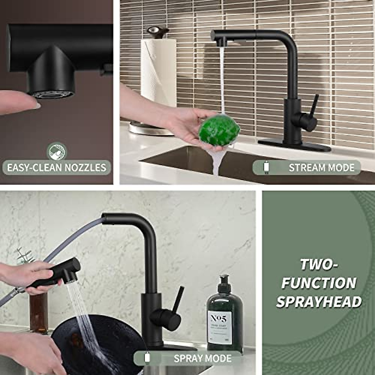 KZH Matte Black Kitchen Faucets with Pull Down Sprayer, Single Handle Kitchen Sink Faucet with Pull Out Sprayer with Deck Plate for Rv/Bar Sink/Laundry/Outdoor tap