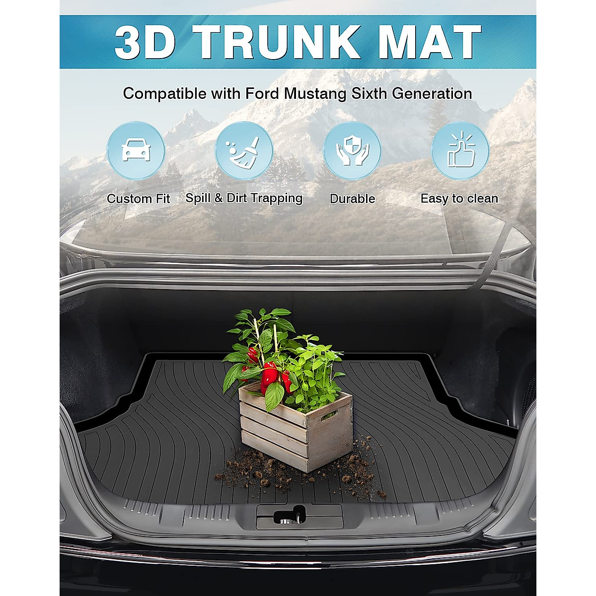 Mixsuper Custom Fit Cargo Liner for 2015-2023 Ford Mustang Coupe (Fits Models Without Subwoofer in Cargo Area) All Weather Rear Trunk Liner Cargo Mat for Mustang Accessories (Not Fit Mach-E)