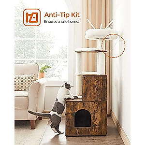 Feandrea WoodyWonders Cat Tree with Litter Box Enclosure, 2-in-1 Modern Tower, Furniture Hidden, Cat Condo with Scratching Posts, Removable Pompom Sticks, Rustic Brown UPCT113X01