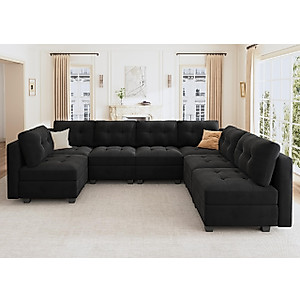 HONBAY Modular Sectional Sofa Oversized U Shaped Couch with Storage Seat Velvet 7-Seat Modular Sofa with Reversible Chaises,Velvet Black