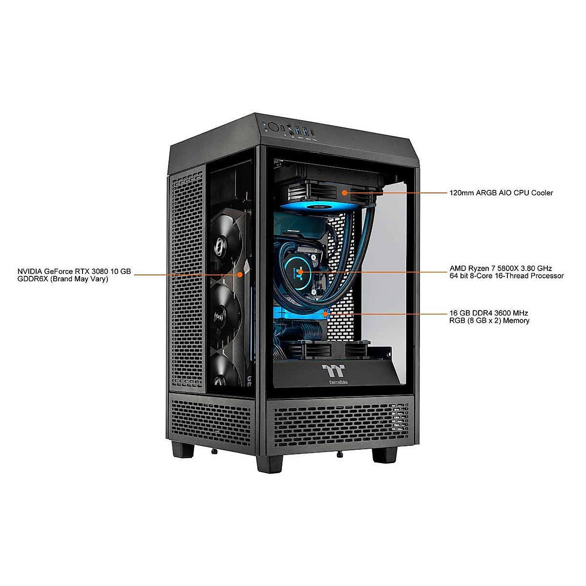 Thermaltake Reactor 380 Liquid-Cooled PC (AMD Ryzen 7 5800X, RTX 3080, 16GB 3600Mhz DDR4 RGB ToughRAM, Seagate FireCuda 520 NVMe 1TB, WiFi, Win 10 Home) Gaming Desktop Computer TW1B-B550-R38-LCS