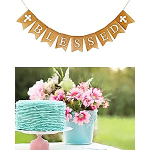 Shimmer Anna Shine Blessed Burlap Banner Baptism and Easter Decorations Christening First Communion Confirmation Baby Shower Wedding Birthday Party Supplies with Cross