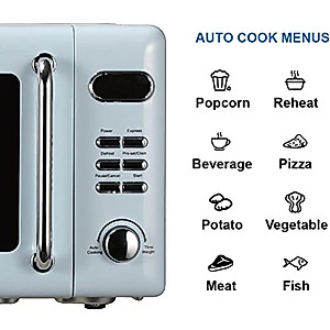 Emerson .7 Cu Ft Retro Digital Microwave Oven, 700W with 5 Micro Power Levels, 8 Pre-Programmed Settings, Express & Defrost, Chrome Handle & Control Buttons, Timer & LED Display, Retro Blue