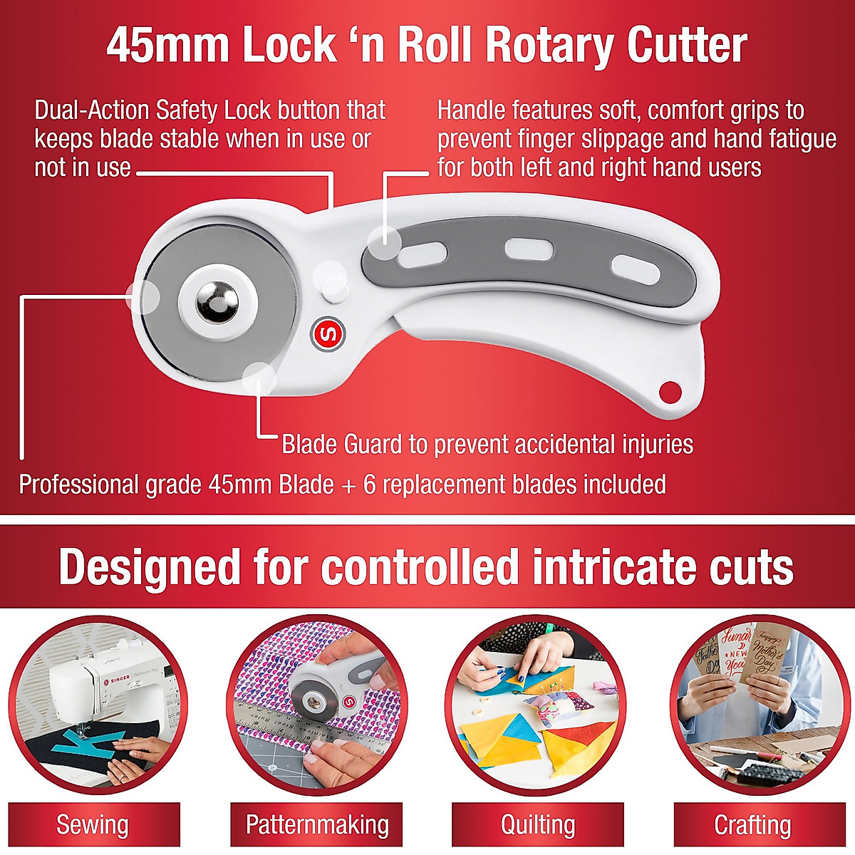 SINGER Quilting Tool Kit with 24-Count Fabric Clips, 24-Inch Folding Ruler, and 45mm Rotary Cutter - Quilting Supplies for Patternmaking, Sewing, Fabric Work