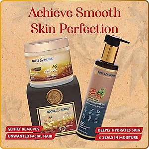 Chickpea & Kasturi Turmeric Facial Hair Removal Powder - For Men & Women, Chin, Jawline & Upper Lips - Depilatory Mask with Ayurvedic Herbs - Roots & Herbs, 2.11oz