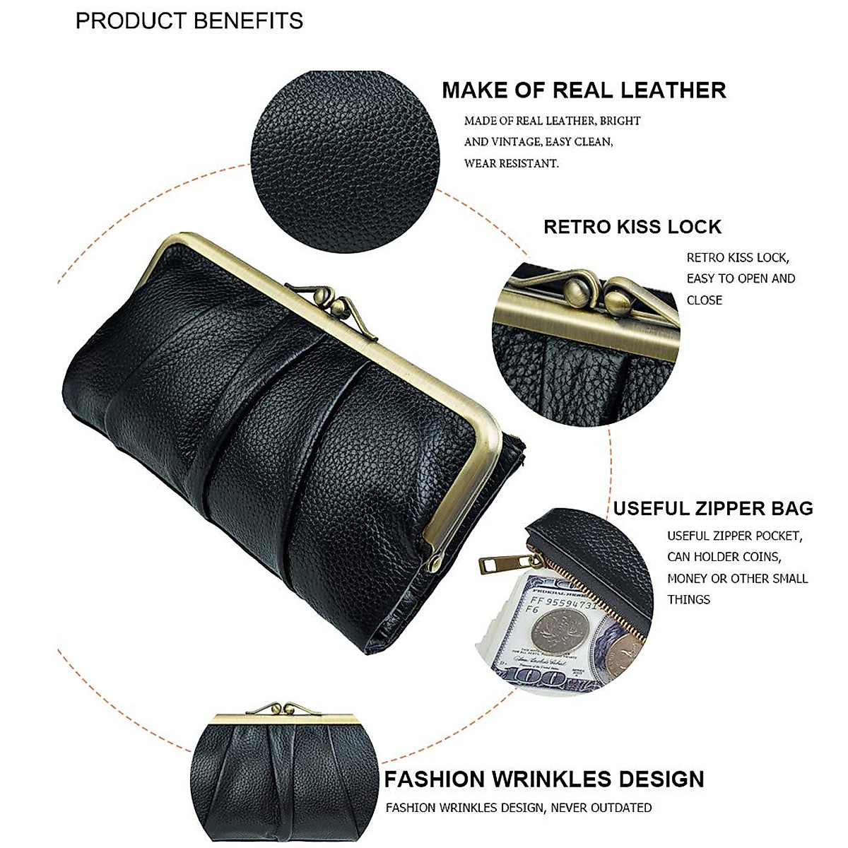 EASTNIGHTS Rfid Blocking Wallets for Women Leather Clutch Wallet Bifold Credit Card Holder Ladies Coin Purse With Zipper and Kiss Lock (black)