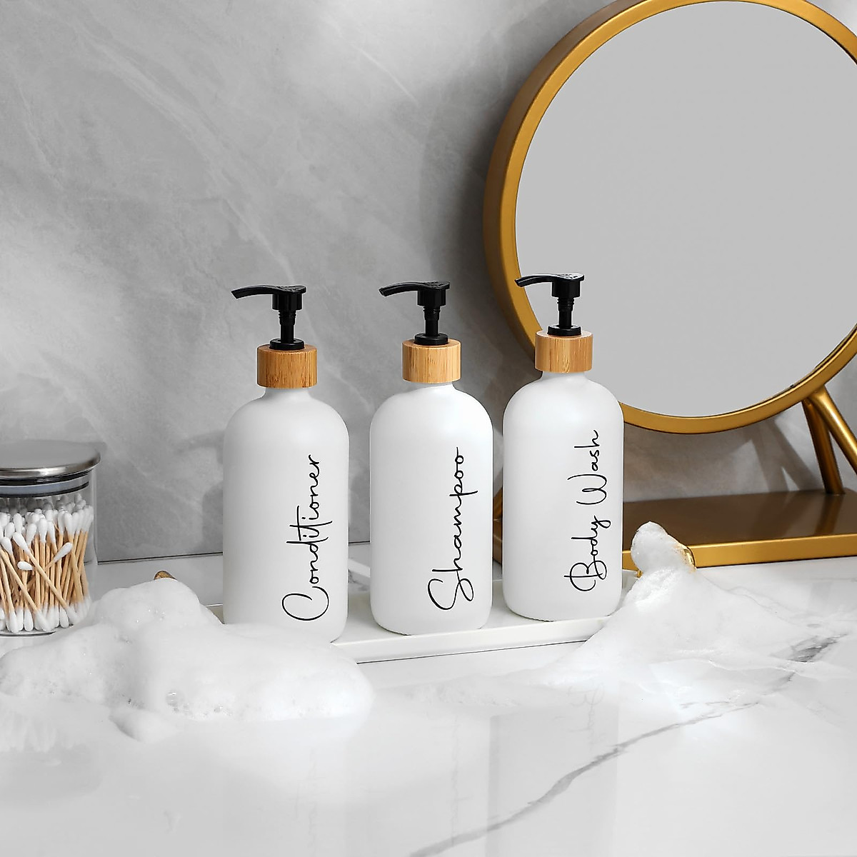 Glass Shampoo and Conditioner Pump Bottles Soap Dispenser Bamboo Pump Head Empty Glass Refillable Shampoo Conditioner Body Wash Soap Bottles for Bathroom, 17 oz, 3 Pack, White