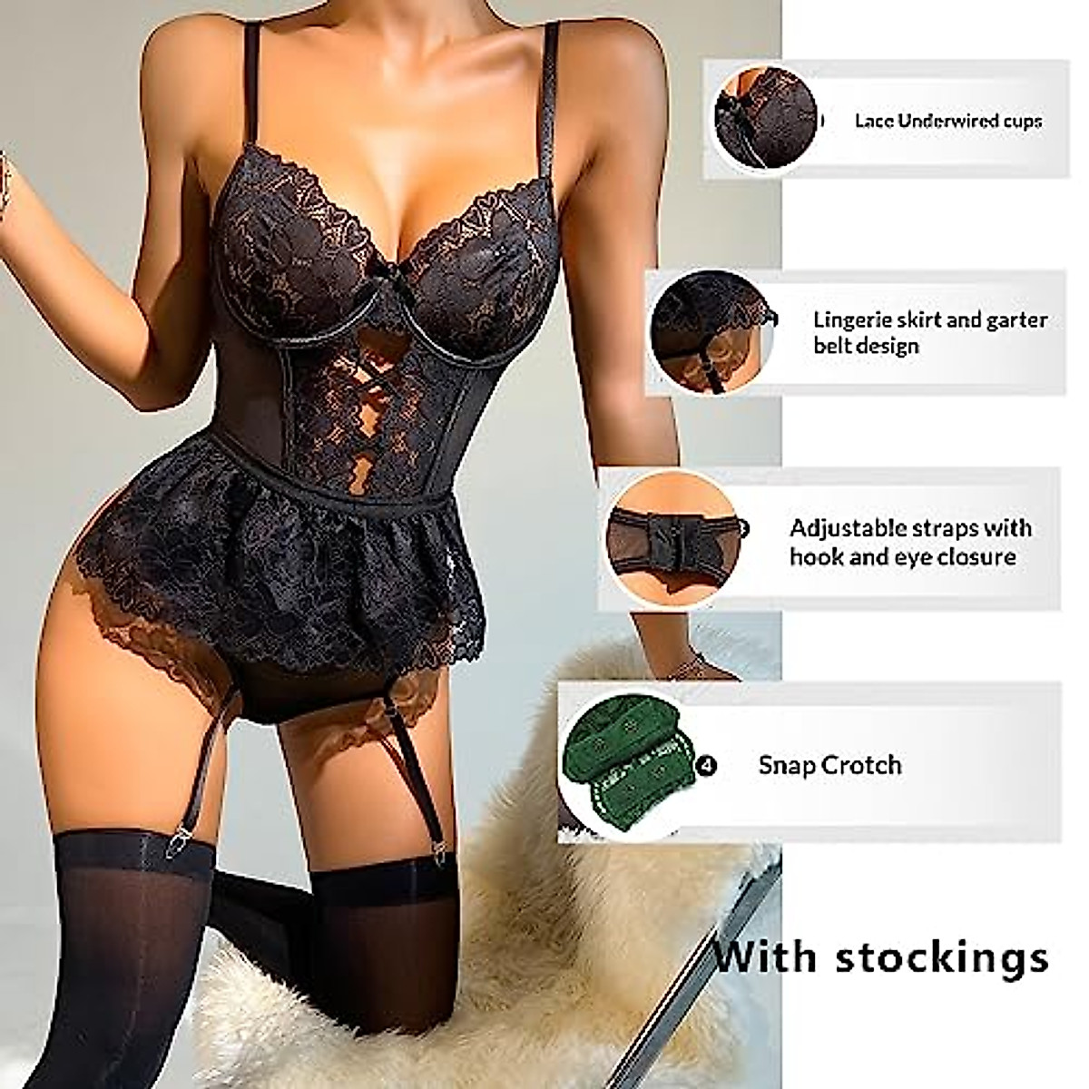 Pyroluna Women Sexy Garter Lingerie Set with Belt and Stocking Lace Underwire Bodysuit Teddy Snap Crotch Design (Black, Medium)