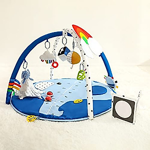 SYNPOS Baby Gym Play Mat, Baby Play Mat with 10 Toys for Sensory and Motor Skill Development, Baby Gym Activity Mat with Elephant Security Blanket, Rainbow Play Mat for Baby Gift