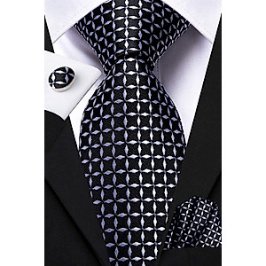 Hi-Tie 3/5 Pcs Gift Box Mens Tie Set Necktie with Pocket Square and Cufflinks Silk Neck Tie Collection,Black