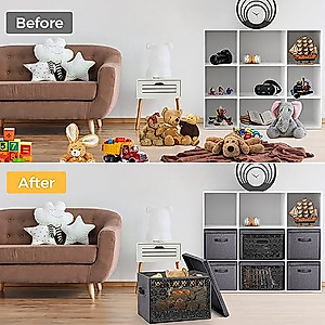 Iirios Storage Bins With Lids, 3 Pack Linen Foldable Storage Bins, Metal Clothes Storage Containers with Handles, Stackable Storage Baskets for Clothing, Blanket, Comforters, Pillows and Toys (Black)