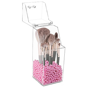 Sooyee Makeup Brush Holder,Makeup Brush Organizer with 8mm Pink Pearls,Dustproof Makeup Brush holder with Lid