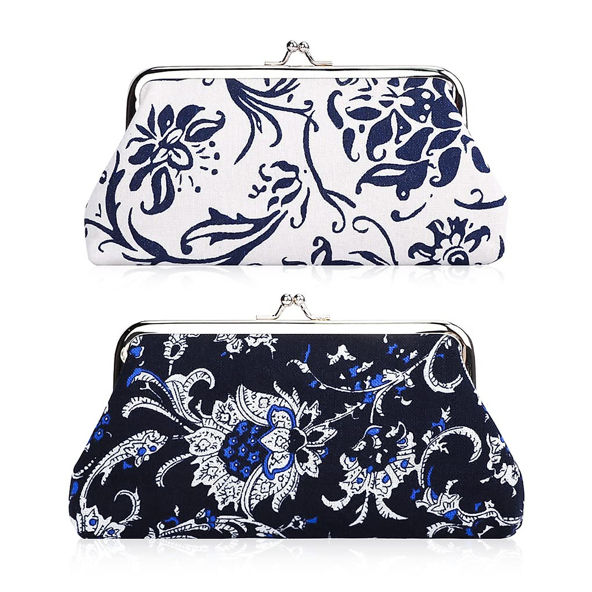 Oyachic 2 Packs Large Floral Coin Purses Canvas Cash Wallet Make Up Cellphone Bag Vintage Change Pouch Key Holder Kiss lock Clasp Clutch