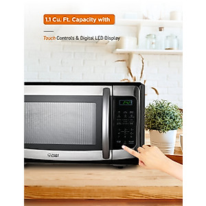 COMMERCIAL CHEF 1.1 Cu Ft Microwave with 10 Power Levels, Microwave 1000W with Push Button Door Lock, Countertop Microwave with Microwave Turntable and Digital Controls, Stainless Steel