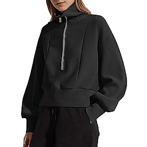 Dokotoo Womens Casual Half Zip Pullover Long Sleeve Sweatshirts Quarter Zipper Cropped Sweatshirt Tops for Women Teen Girls Fall Jackets Winter Warm Sweater Outfits Clothes Black Large