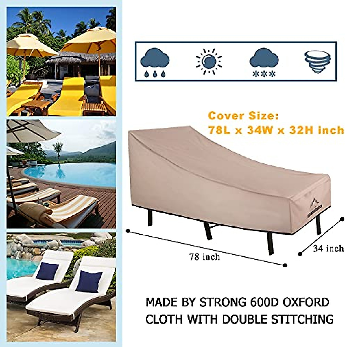 Himal Outdoors Patio Chaise Lounge Cover, Heavy Duty Waterproof 600D Polyster with Thick PVC Coating, Outdoor Chaise Lounge Cover, 78L x 34W x 32H inch