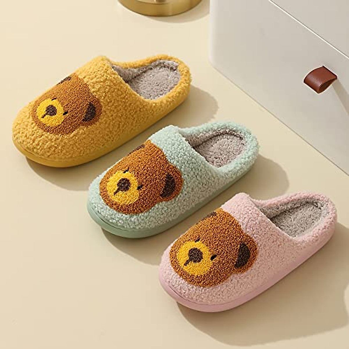 TYFLOVE Teddy Bear Slippers for Women/Men/Kids Smiley Face House Slippers Warm Cozy Plush Slip-On Slippers Soft Fuzzy Slippers
