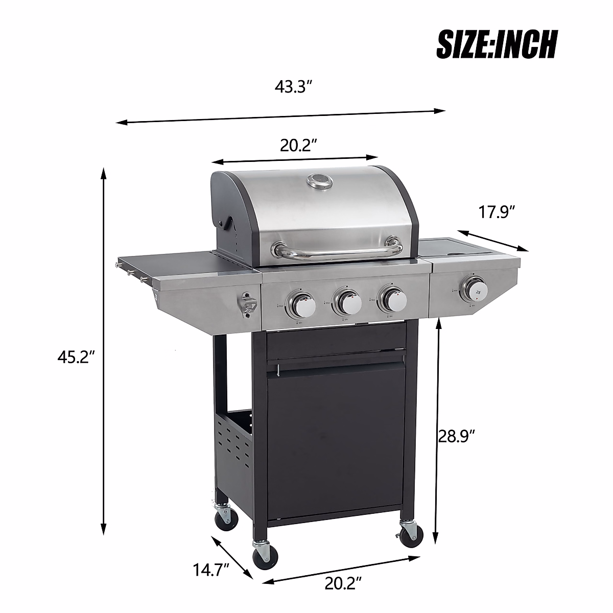 Propane Grill with Side Burner and Temperature Gauge - Stainless Steel Gas Grill with 3 Heads and 430 Thickness - Outdoor Cooking Grill with Electronic Ignition System and Cast Iron Cooking Grids