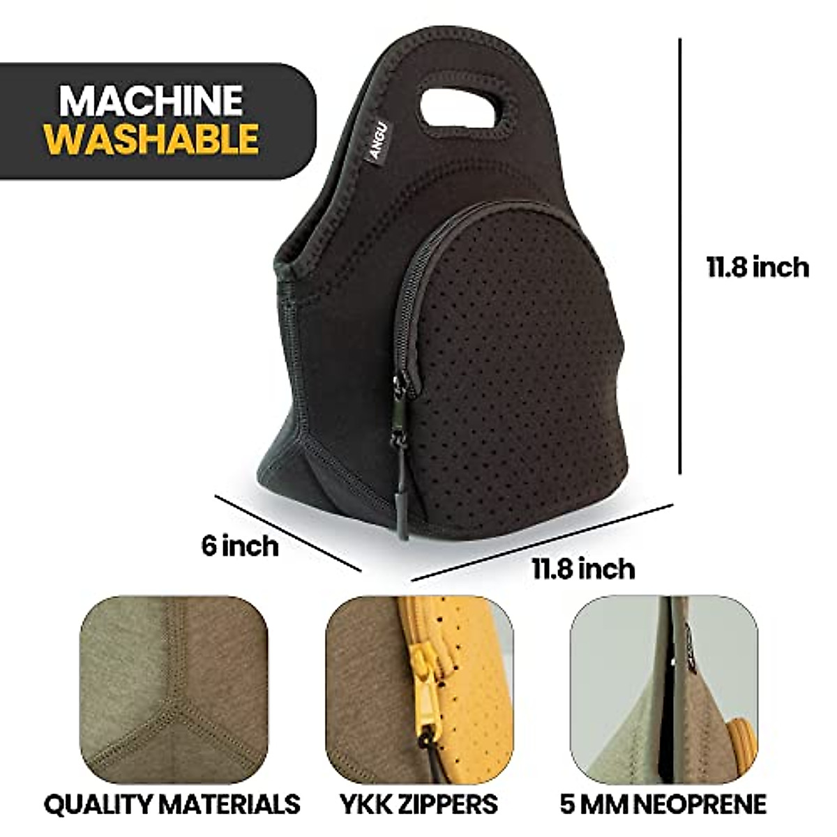ANGU Neoprene Lunch Bag with Pocket - Keep Your Lunch Nice and Chilled - Washable Lunch Bags Made of Durable 5mm Neoprene - Quality YKK Zippers will Never Break - Soft Cotton Feel (Black)