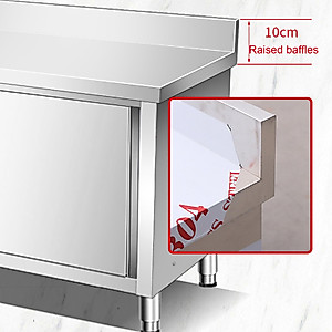 Stainless Steel Sliding Door Work Table Commercial Kitchen Restaurant Prep Table Metal Table with Raised Bezel Stainless Steel Storage Cabinet with Platform(100x60x80cm)