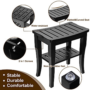Besilord Bamboo Shower Bench 2-Tier with Storage Shelf Black, Waterproof Shower Benches for Inside Shower, Shower Chair Seat for Adults Elderly Seniors for Indoor and Outdoor Use