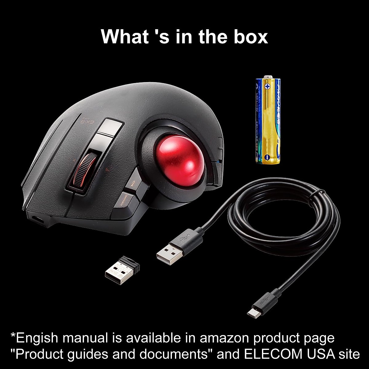 ELECOM Trackball Mouse Wireless, Ergonomic Mouse, 3 Device Connection, Wired (USB), Bluetooth, Track Ball Mouse, Thumb Control, Compatible for PC, Laptop, Mac, Windows, macOS, EX-G Pro (M-XPT1MRXBK)