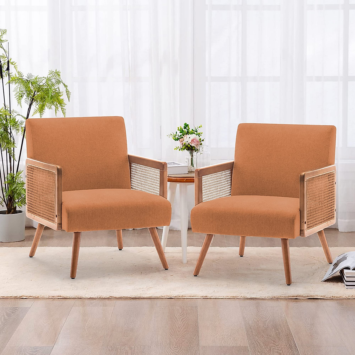 SHINEBOOM Accent Chair with Rattan Arms, Upholstered Mid Century Modern Chair for Bedroom Living Room Reading Chairs Rattan Armchair, Linen Comfy Lounge Chairs Side Chair, Orange