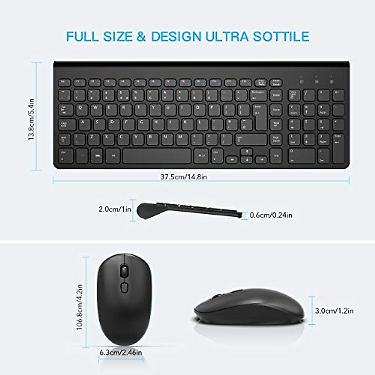 Wireless Keyboard Mouse Combo, WisFox 2.4GHz Slim Full Size Wireless Keyboard and Mouse Set with Number Pad and Nano Receiver for PC Laptop Windows, Quiet and Ergonomic (Black)