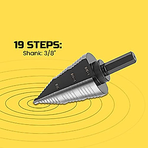 Lichamp Unibit Step Drill Bit for Metal, Genuine HSS M2 Drill Stepper Bit for Hard Metal Heavy Duty, 19 Sizes from 3/16" to 1-3/8", Dual Straight Grooved with Hex Drive, A4BK