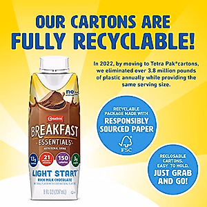Carnation Breakfast Essentials Light Start Ready-to-Drink, Rich Milk Chocolate, 8 Fl Oz Carton (Pack of 24) (Packaging May Vary)